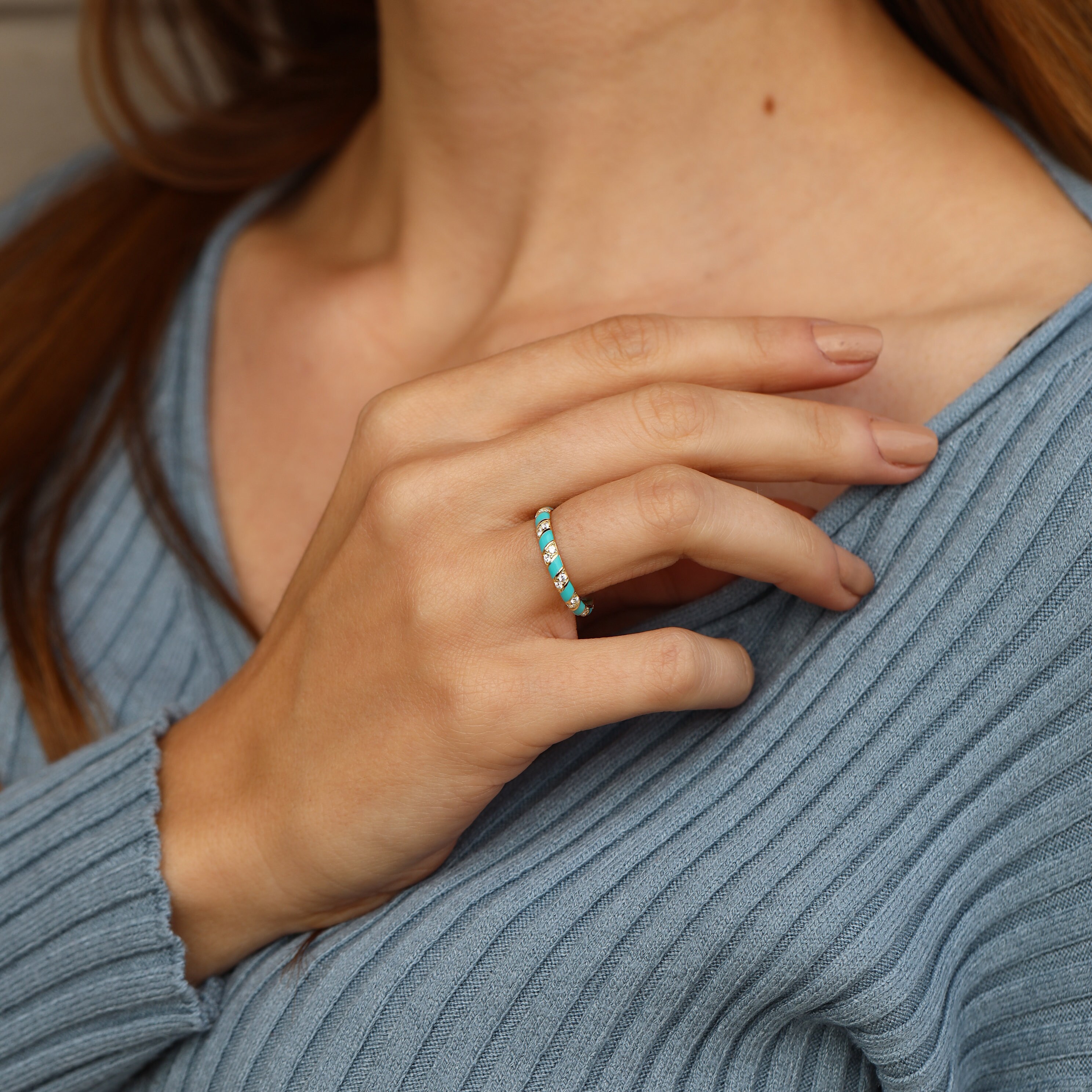 14K Solid Gold Enamel Ring, Thin Gold Stacking Rings for Woman, Minimal ...