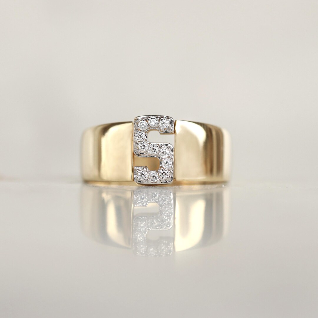 14K Solid Gold Custom Initial Ring - Personalized Zircon Letter Ring ...