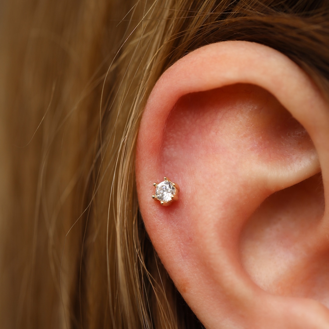 14K Solid Gold Midi Solitaire Piercing, Minimalist Tragus Piercing ...
