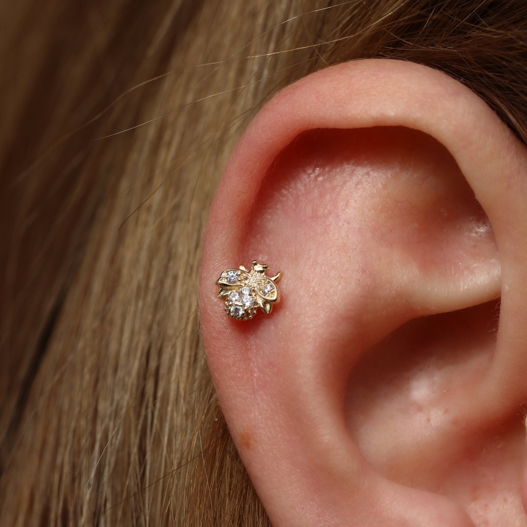 14K Solid Gold Bee Piercing - Real Gold Bee Earrings With Zircon ...