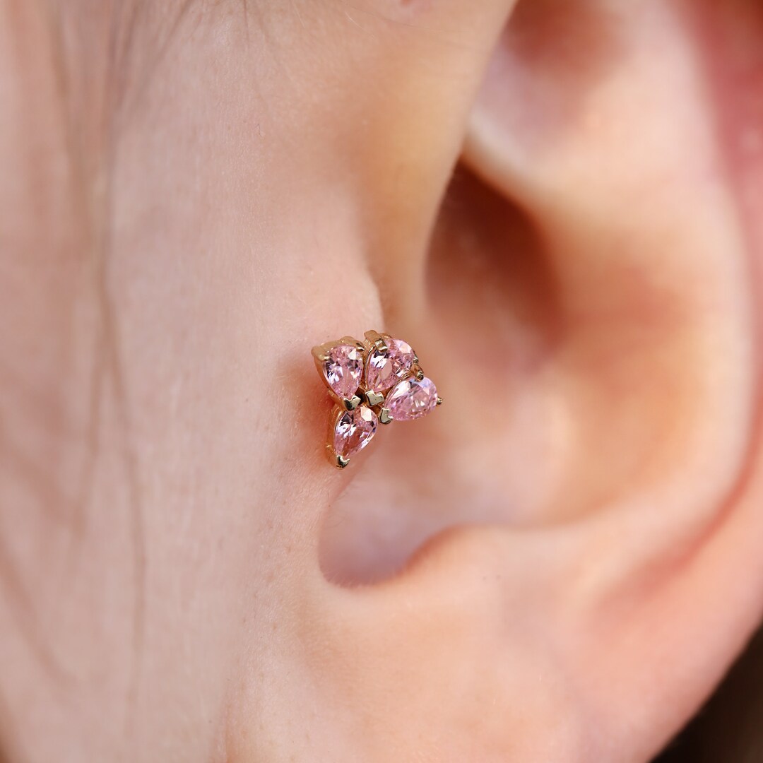 14K Solid Gold Four Drop Piercing, Minimalist Tragus Piercing, Gold ...