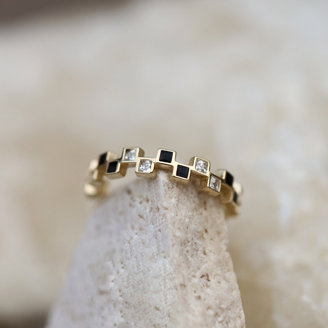 14K Solid Gold Enamel Ring, Thin Gold Stacking Rings for Woman, Minimal ...