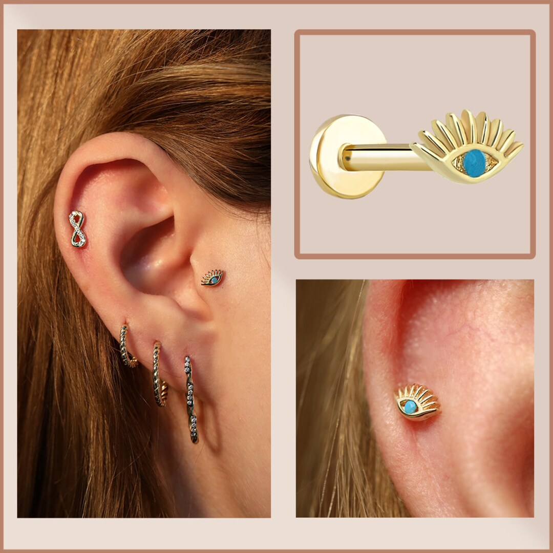 14K Solid Gold Tiny Evil Eye Piercing, Minimalist Tragus Piercing, Gold ...