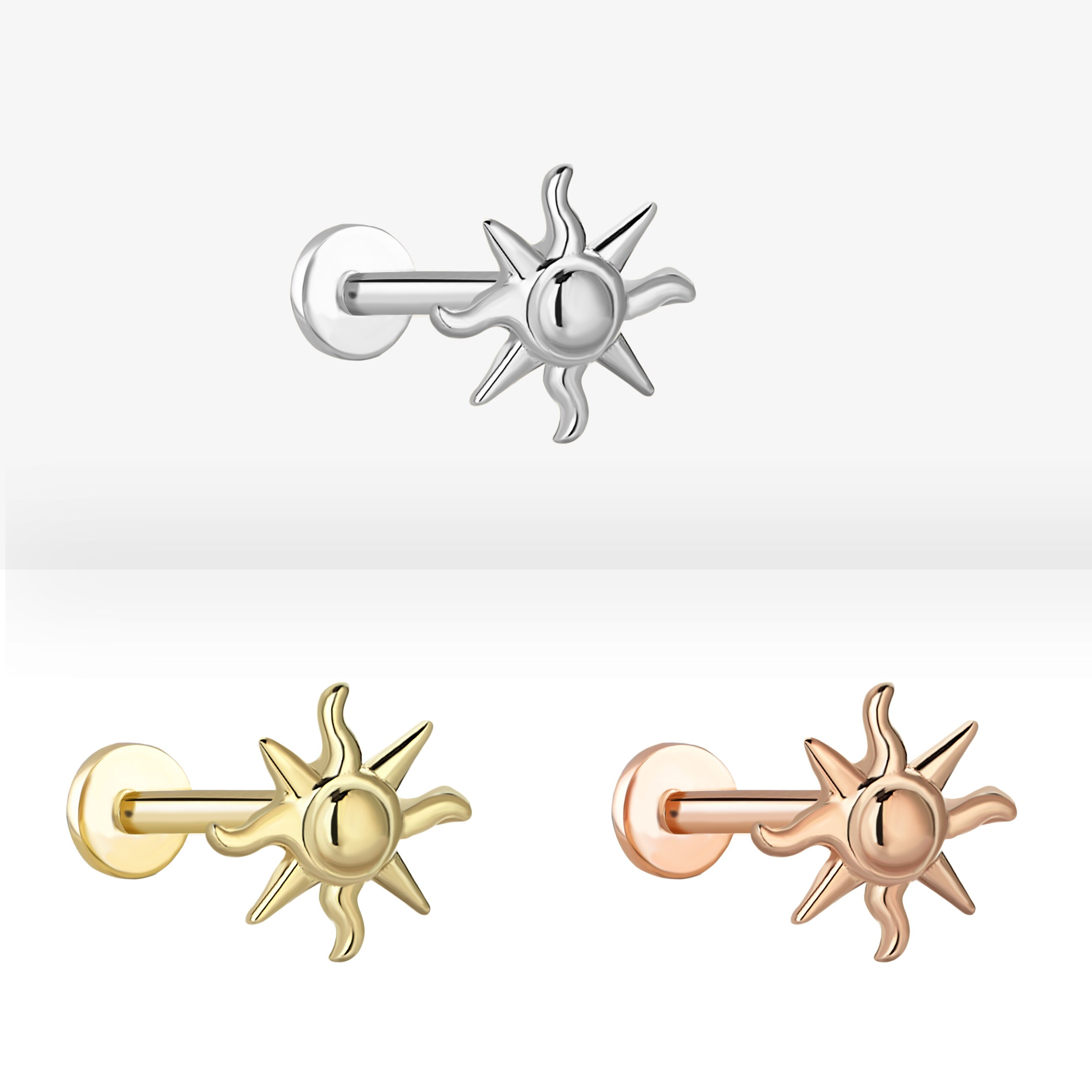 14K Solid Gold Tiny Sun Piercing - Real Gold Celestial Sun Piercing ...