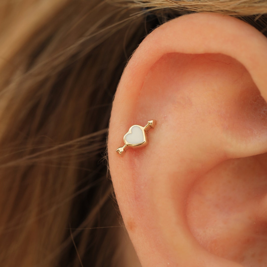 14K Solid Gold Cupid Heart Piercing - Real Gold Tiny Heart Earring ...