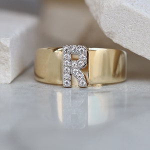 14K Solid Gold Zircon Letter Ring - Personalized Initial Letter Ring ...