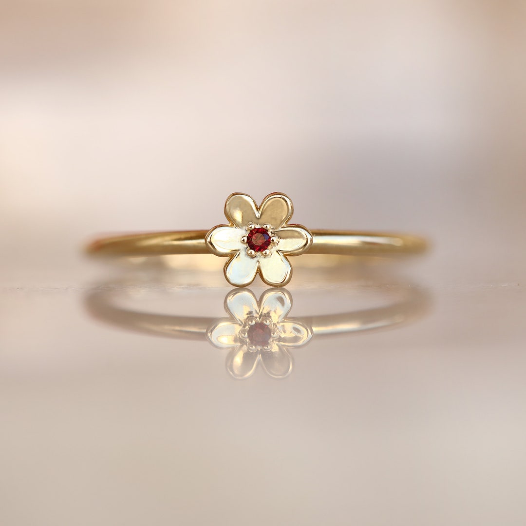 14K Solid Gold Flower Ring - Dainty Flower Ring for Women - Thin Band ...
