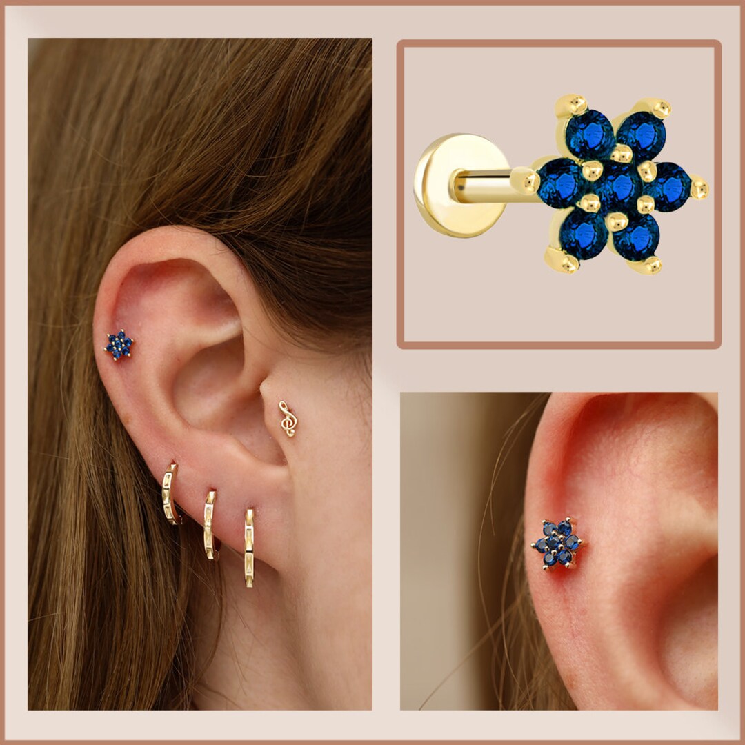 14K Solid Gold Flower Piercing, Minimalist Tragus Piercing, Gold Stud ...