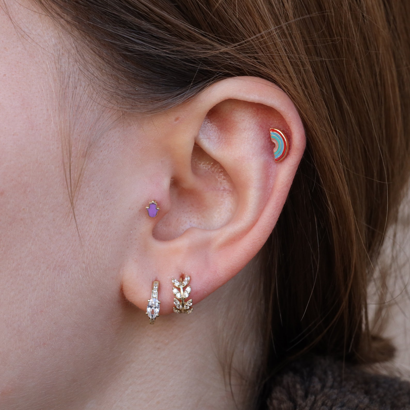 14K Solid Gold Hamsa Hand Piercing, Minimalist Tragus Piercing, Gold ...