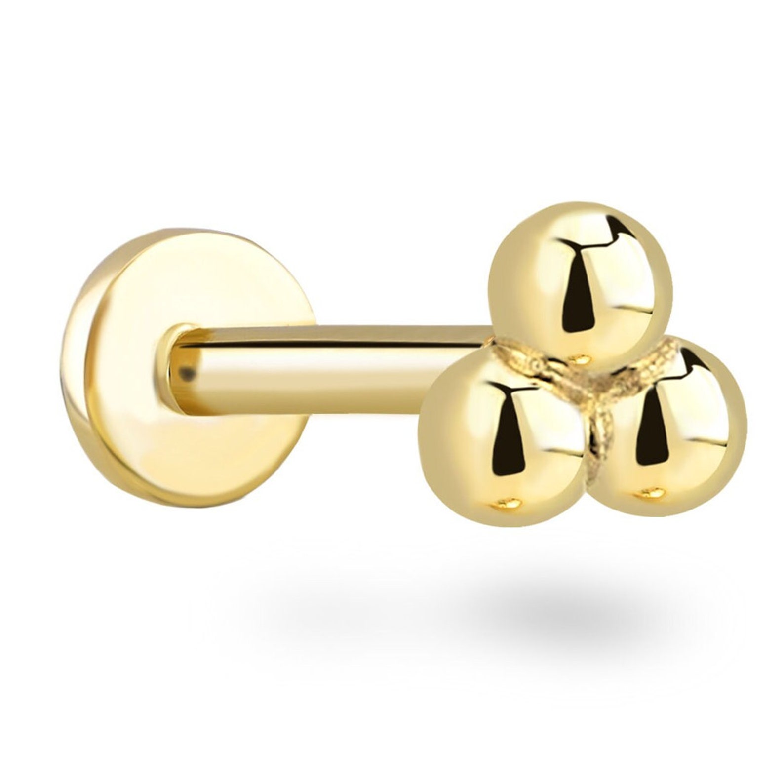 14K Solid Gold Triple Ball Piercing, Minimalist Tragus Piercing, Gold ...