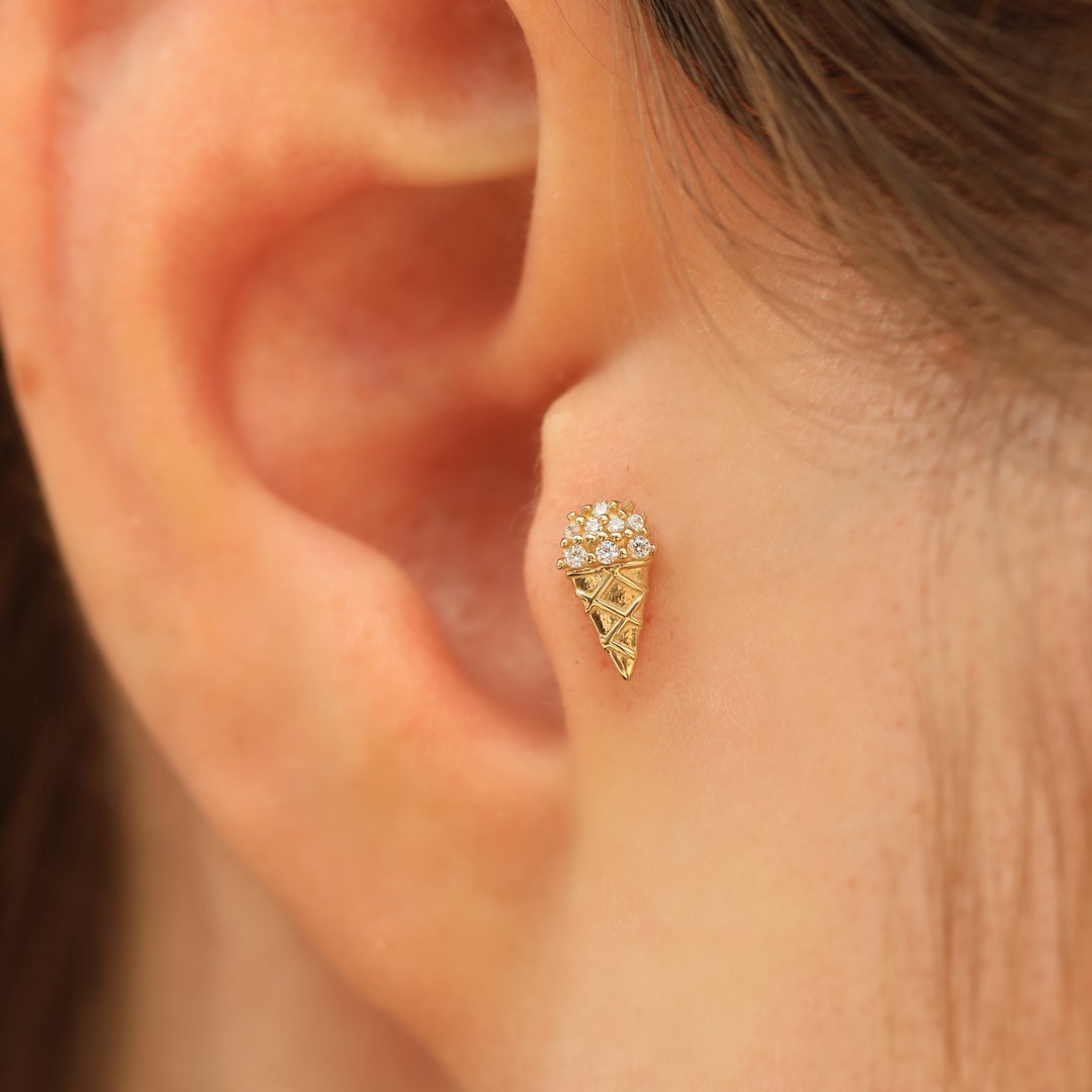 14K Solid Gold Ice Cream Tragus Piercing - Real Gold Cartilage Earrings ...