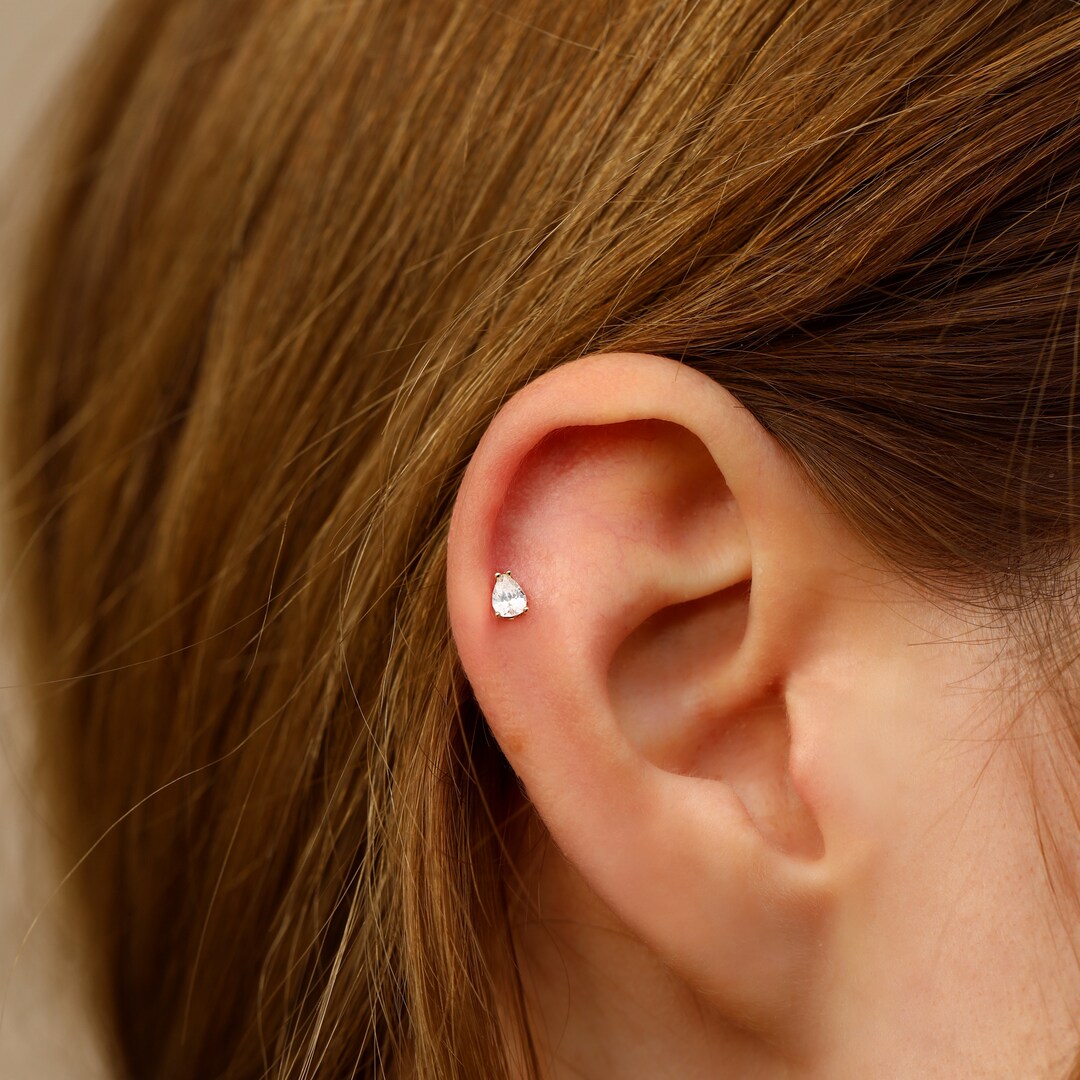 14K Solid Gold Drop Tragus Piercing, Minimalist Gold Tragus Piercing ...