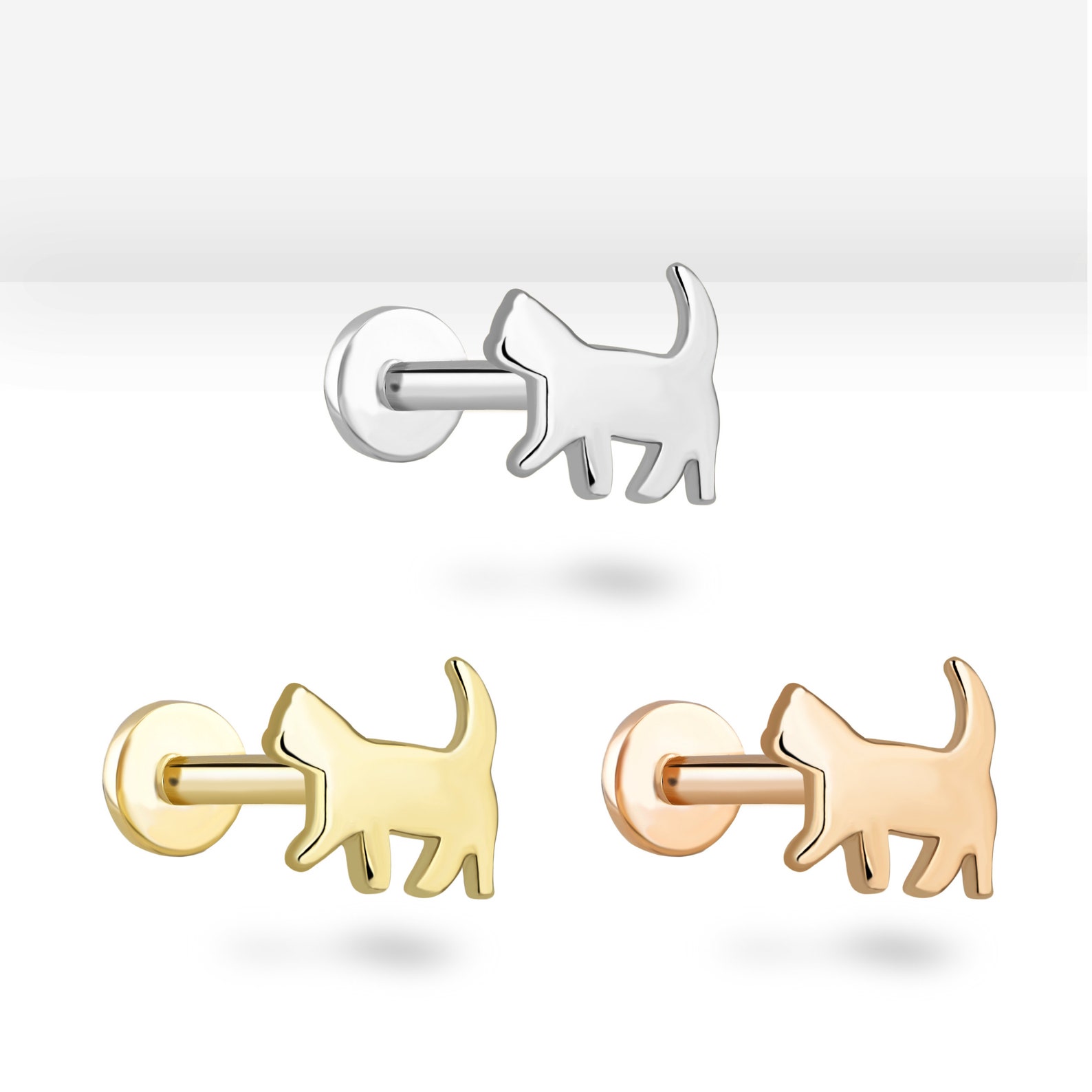 14K Solid Gold Cat Piercing - Real Gold Cat Earrings - Animal Cartilage ...