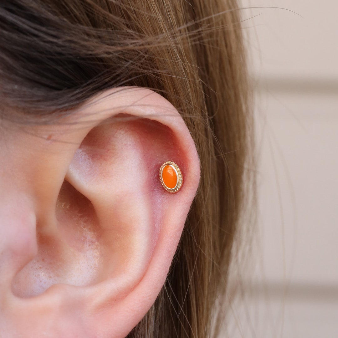 14K Solid Gold Oval-cut Piercing - Real Gold Orange Enamel Earring ...