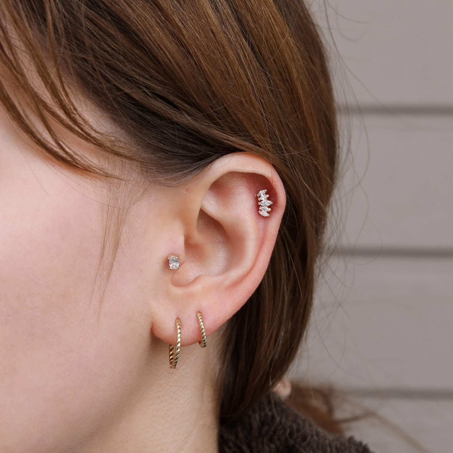 14K Solid Gold Solitaire Piercing - Real Gold Zircon Earrings - Flat ...