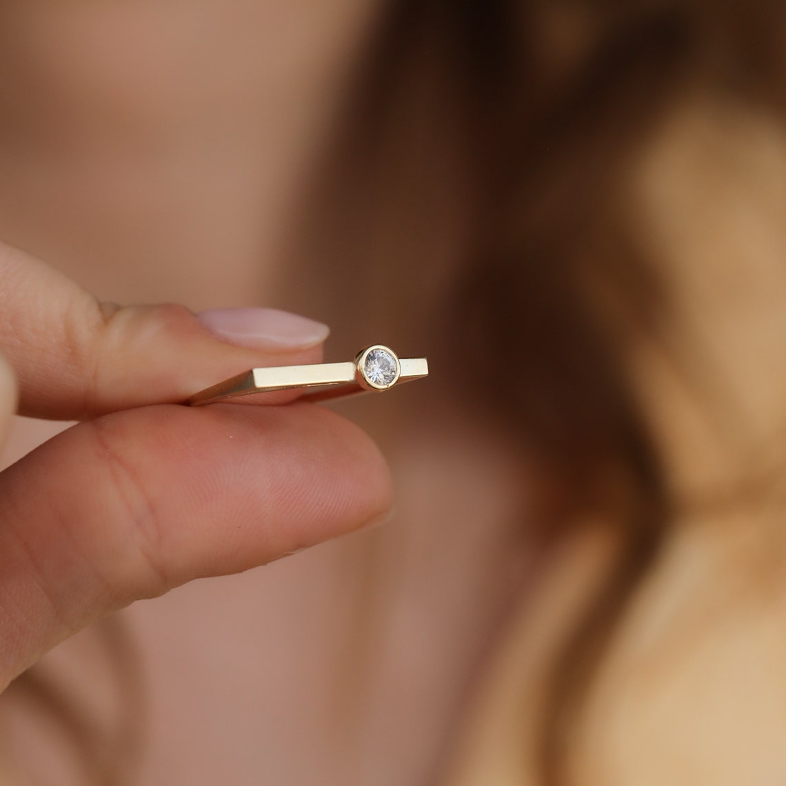 14K Geometric Gold Ring, Round Cut Gold Ring, Minimalist and Stylish ...