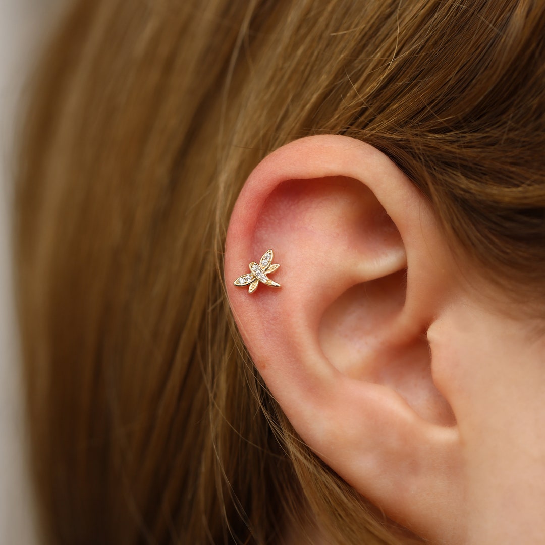 14K Solid Gold Dragonfly Piercing, Minimalist Tragus Piercing, Gold ...
