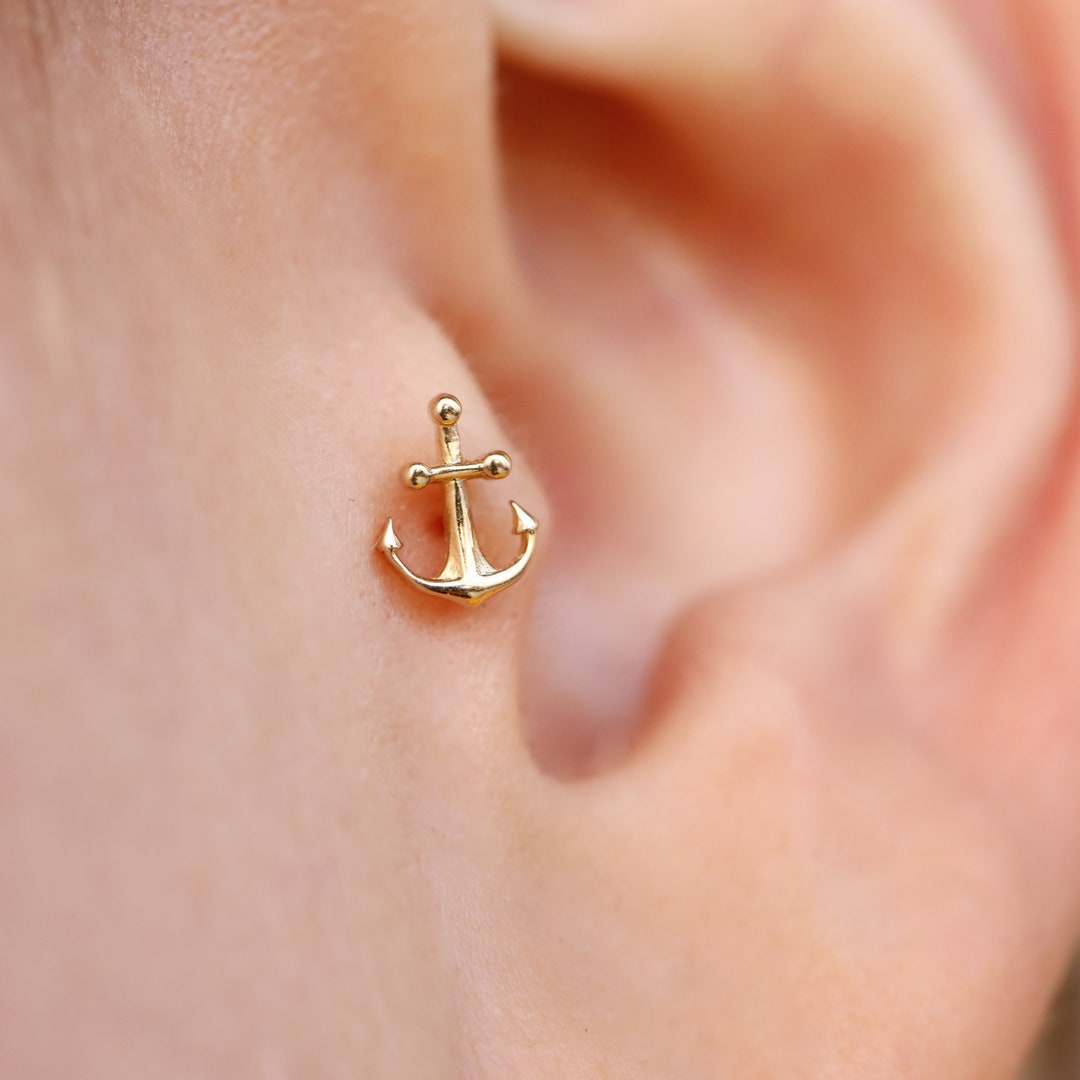 14K Solid Gold Anchor Piercing - Real Gold Helix Piercing - Tragus ...