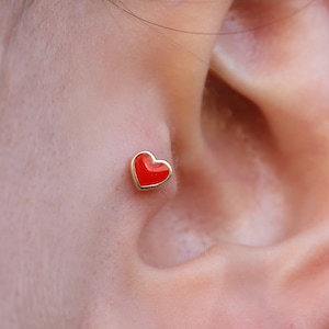 14K Solid Gold Enamel Heart Piercing, Minimalist Tragus Piercing, Gold ...