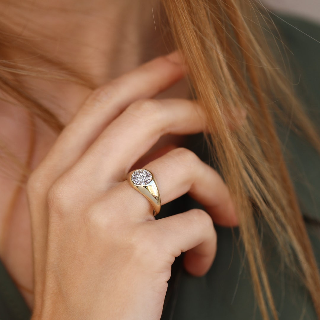 14K Solid Gold Sunburst Ring - Real Gold Chunky Ring - Celestial Signet ...