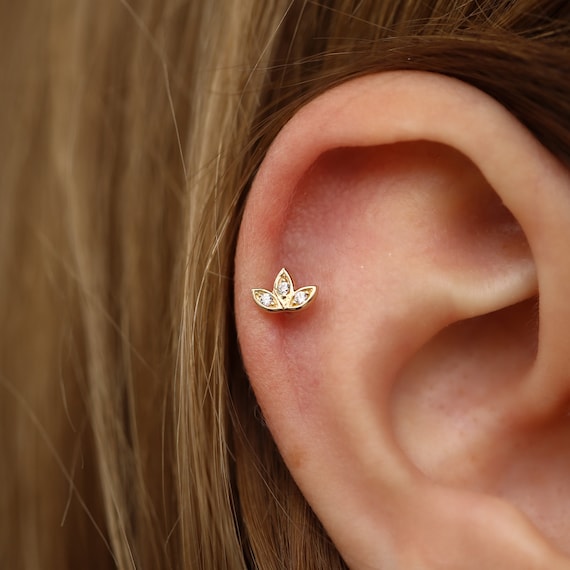 14K Solid Gold Lotus Flower Earring Real Gold Lotus Piercing Tragus Piercing Helix Piercing Gold Floral Jewelry Gift for Her Etsy