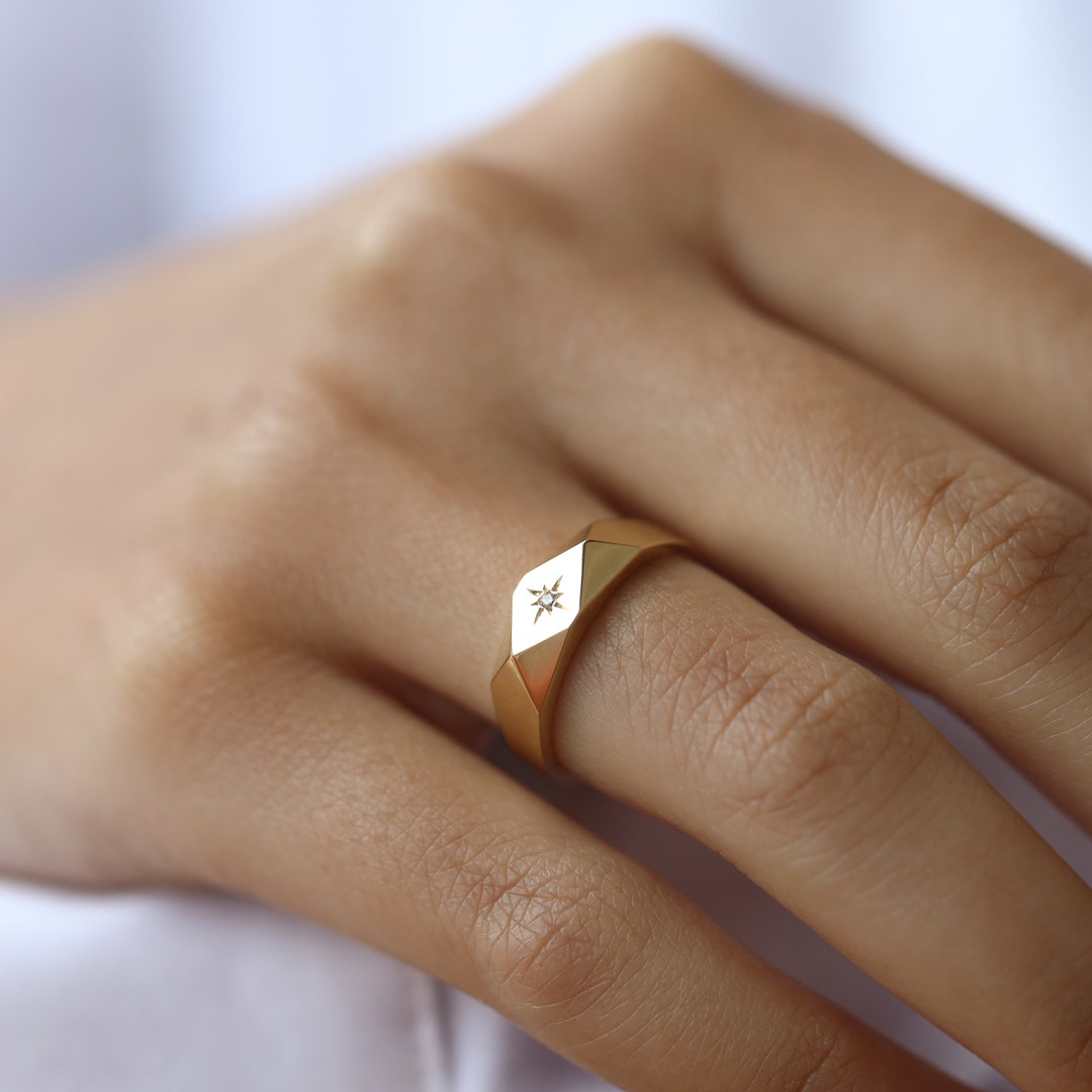14K Solid Gold Star Signet Ring - Real Gold Northstar Ring - Gold ...