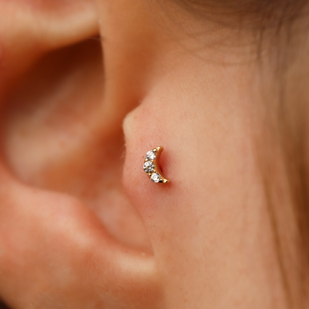 14K Solid Gold Crescent Moon Piercing - Real Gold Tiny Moon Piercing ...