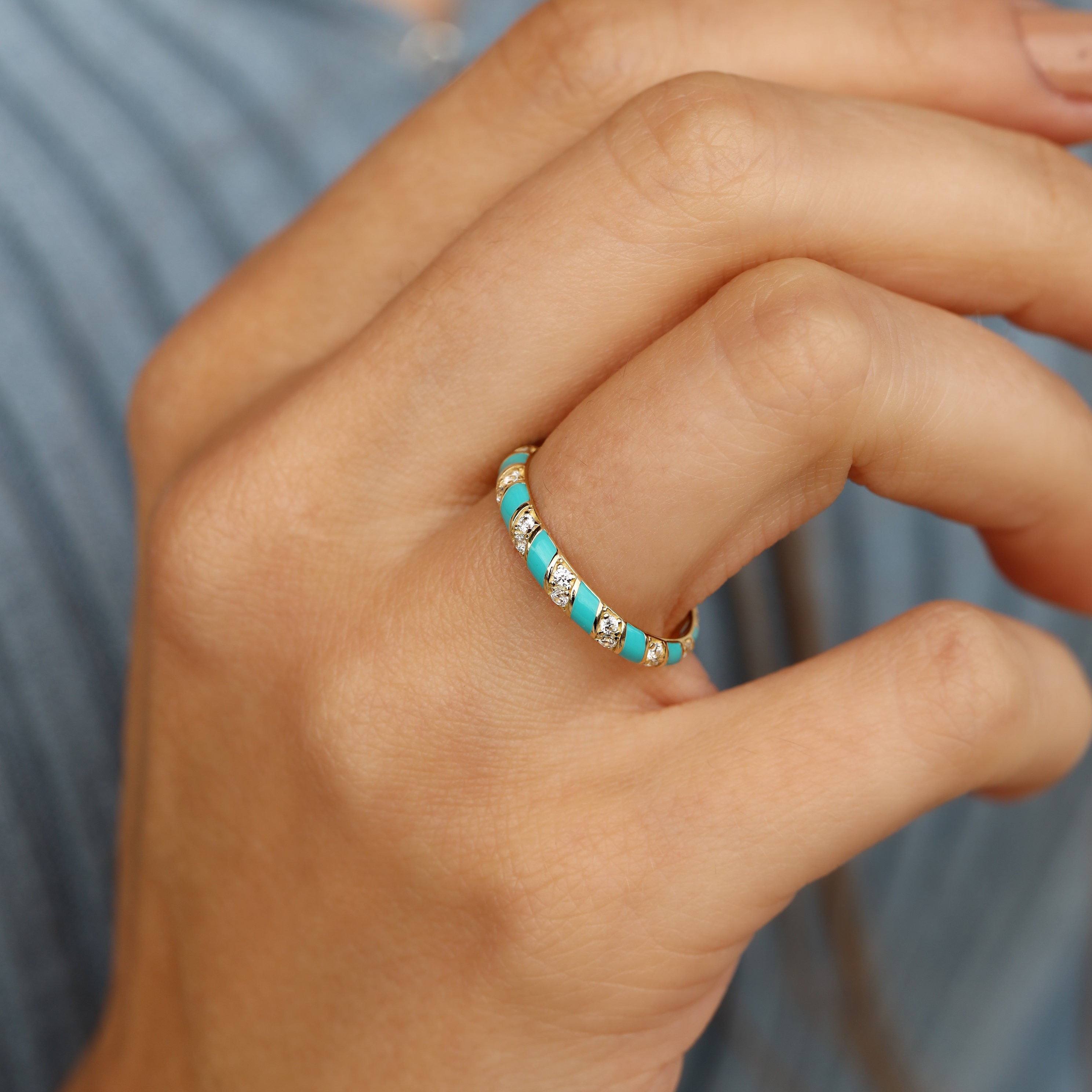 14K Solid Gold Enamel Ring, Thin Gold Stacking Rings for Woman, Minimal ...