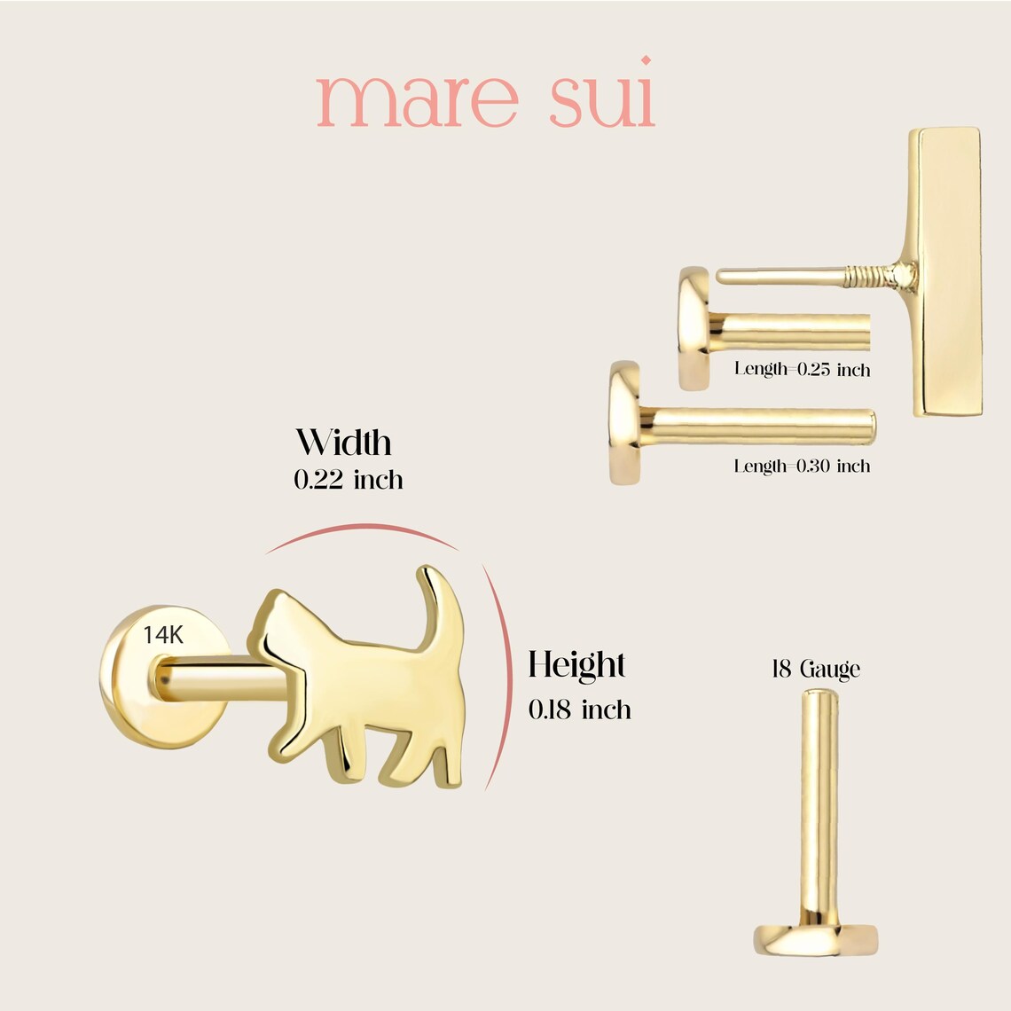 14K Solid Gold Cat Piercing - Real Gold Cat Earrings - Animal Cartilage ...