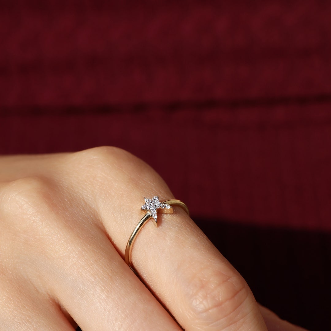 14K Solid Gold Rock Star Ring - Real Gold Zircon Star Ring - Dainty ...