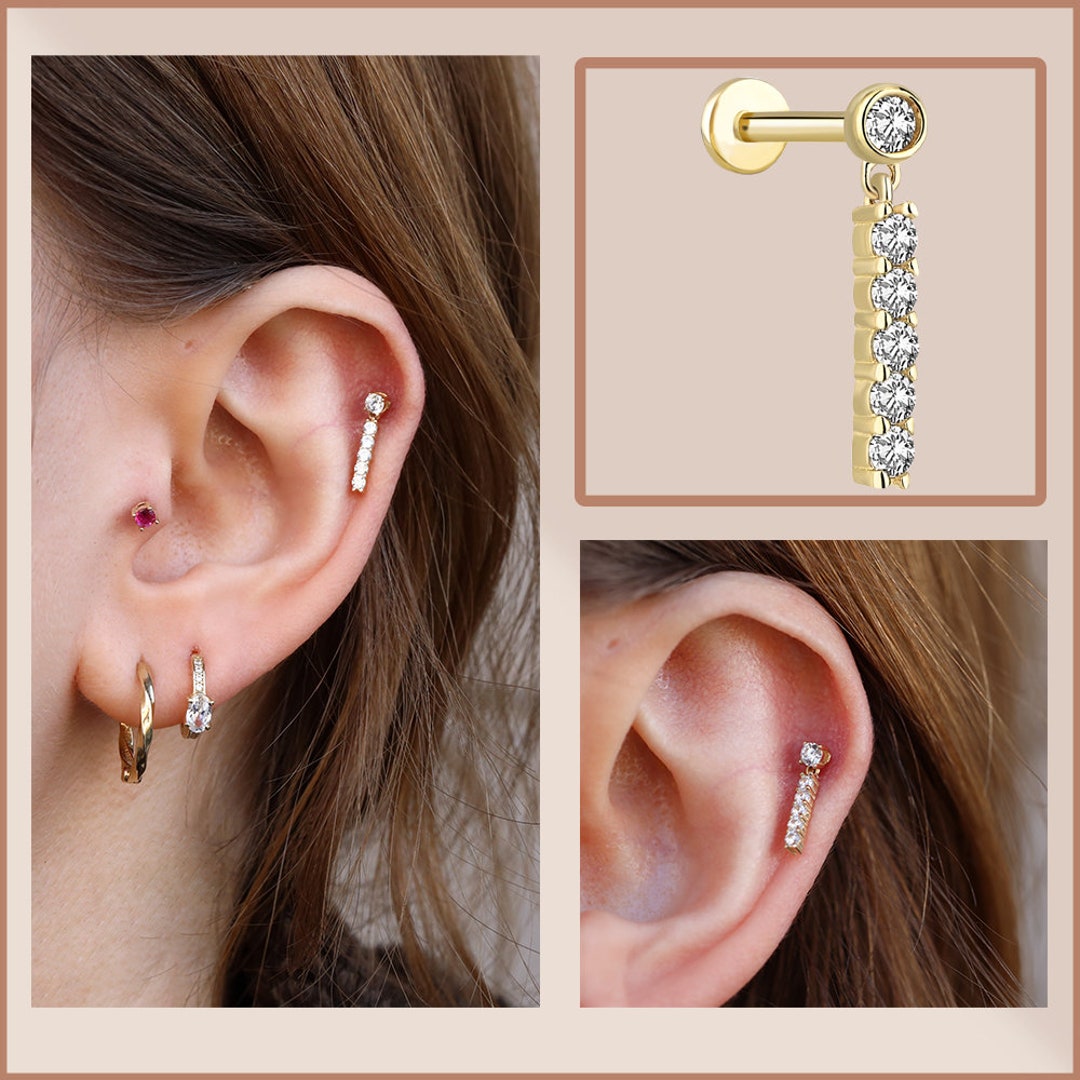 14K Solid Gold Bar Stud Earring - Zircon Helix Piercings - Flat Back ...