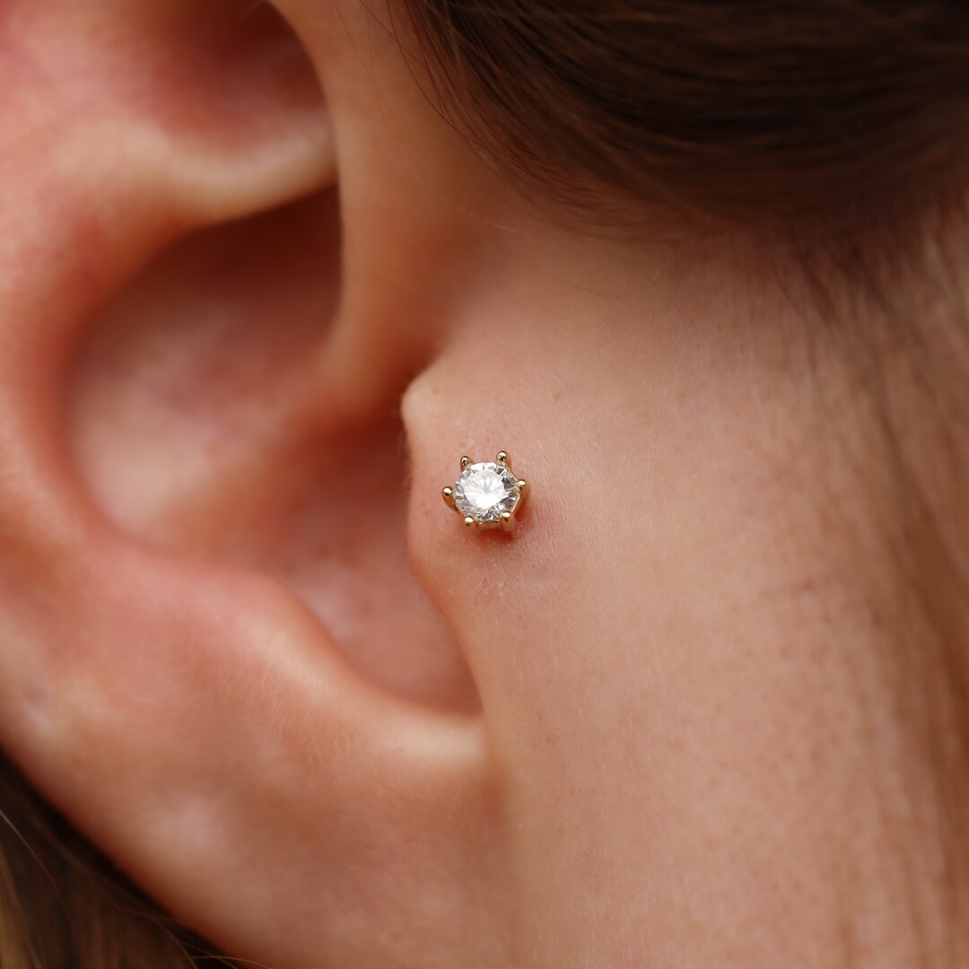 14K Solid Gold Solitaire Piercing - Real Gold Studs for Women ...