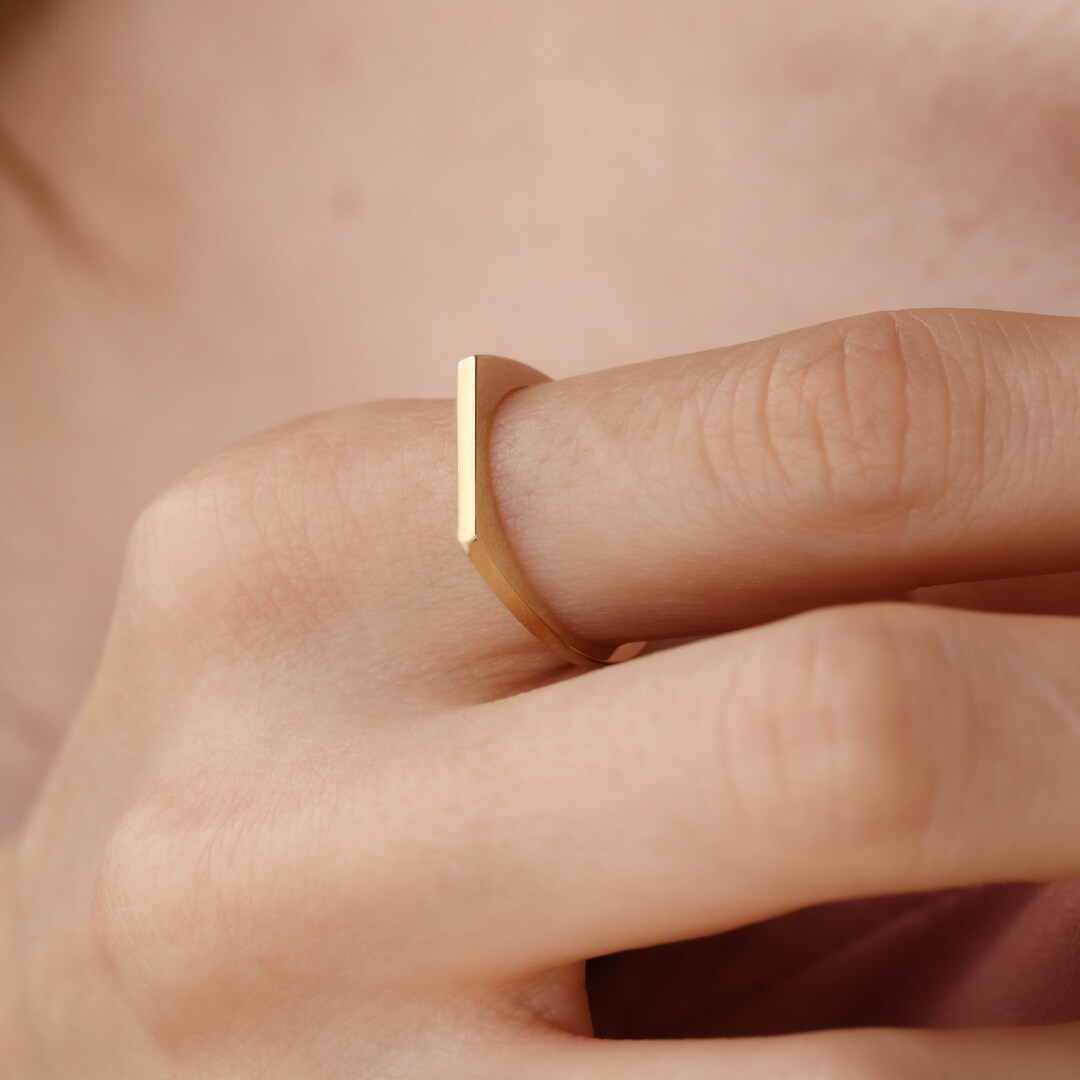 14K Solid Gold Geometric Ring - Real Gold Flat Bar Ring - Minimalist ...
