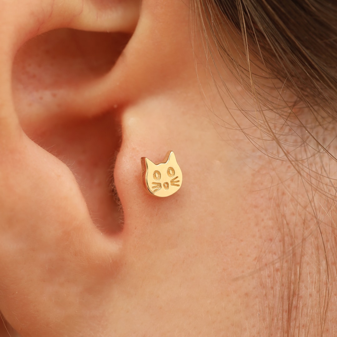 14K Solid Gold Cat Piercing - Real Gold Cat Stud Earring - Dainty Gold ...