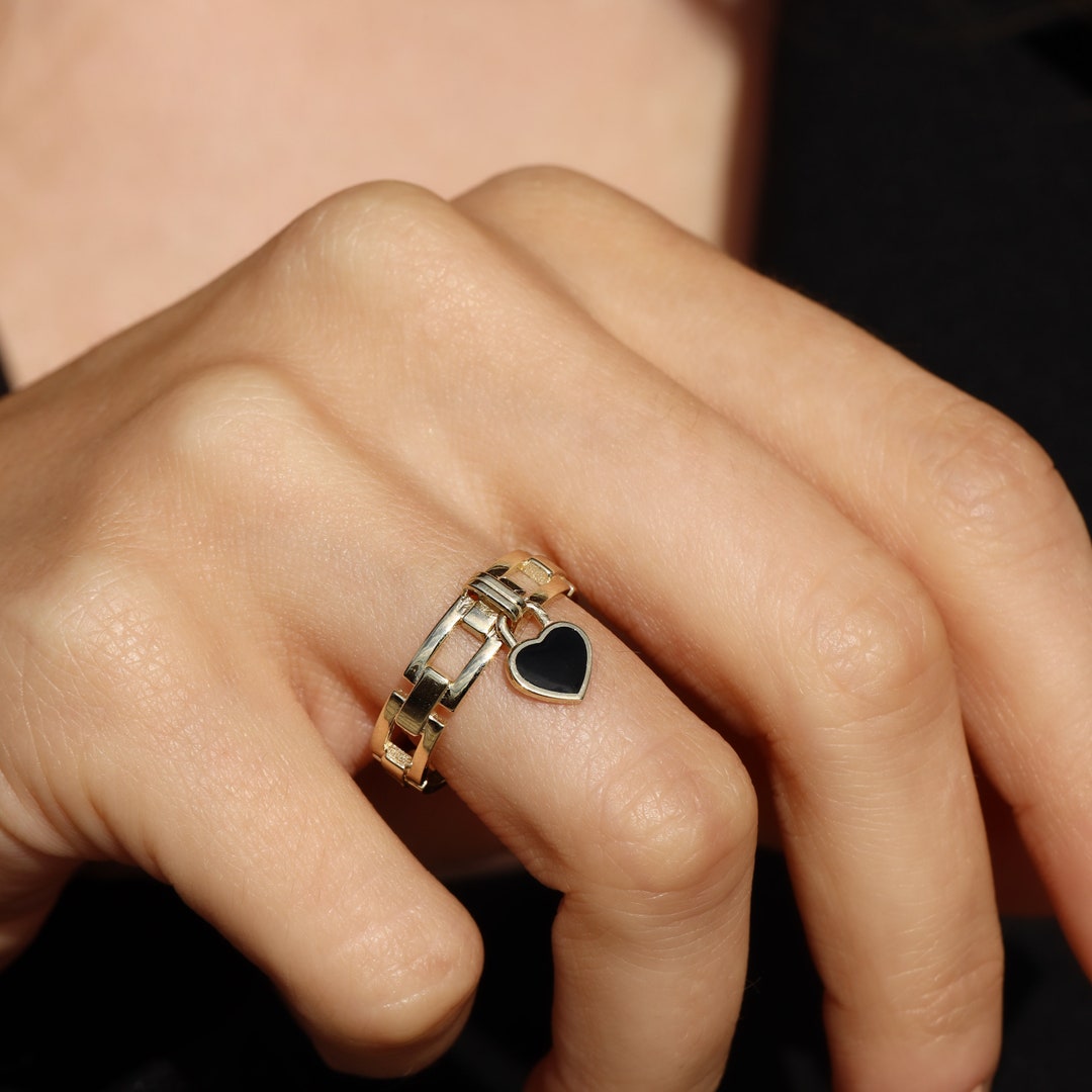 14K Solid Gold Heart Charm Rings - Real Gold Chain Ring With Black ...