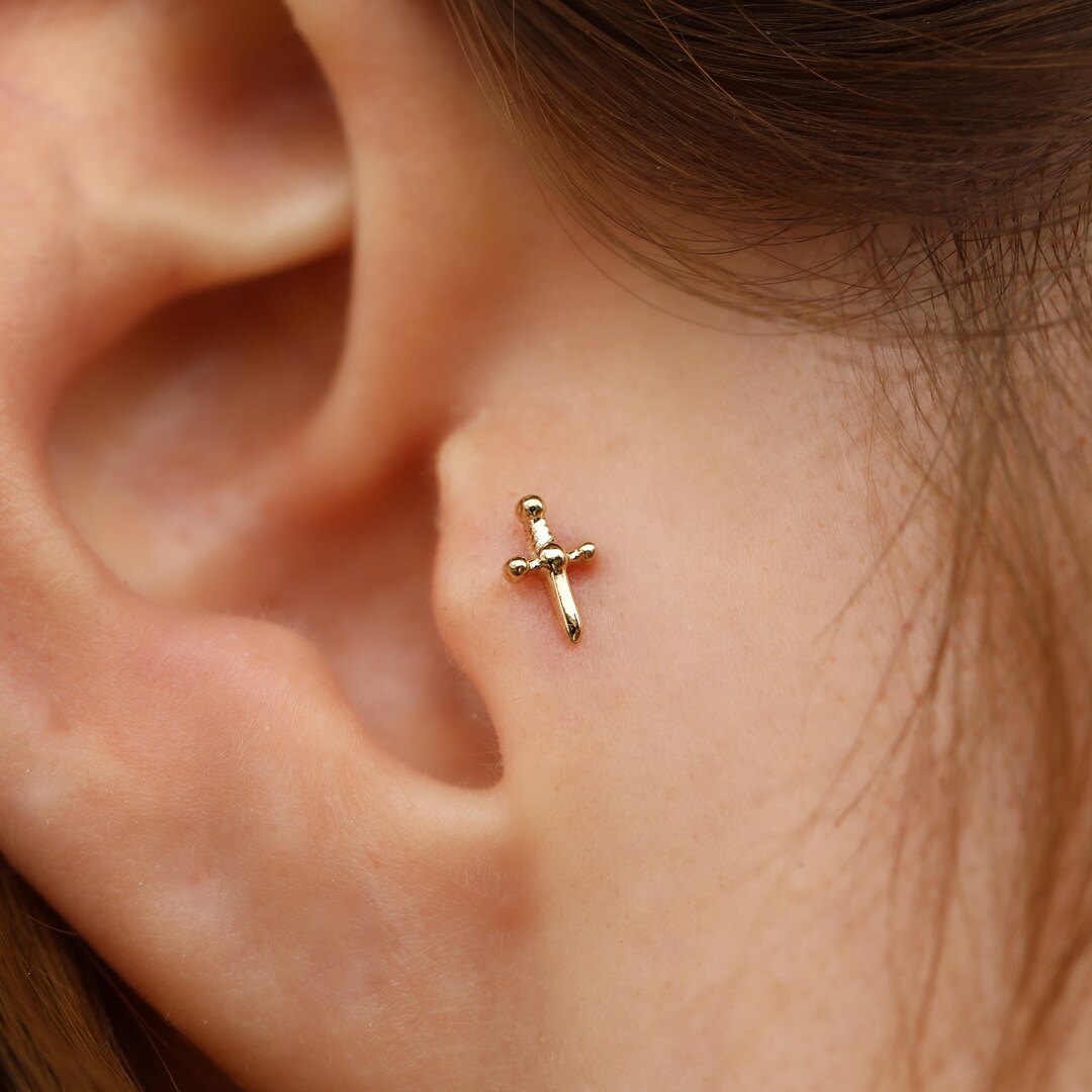 14K Solid Gold Sword Piercing - Real Gold Sword Tragus Earrings - Tiny ...