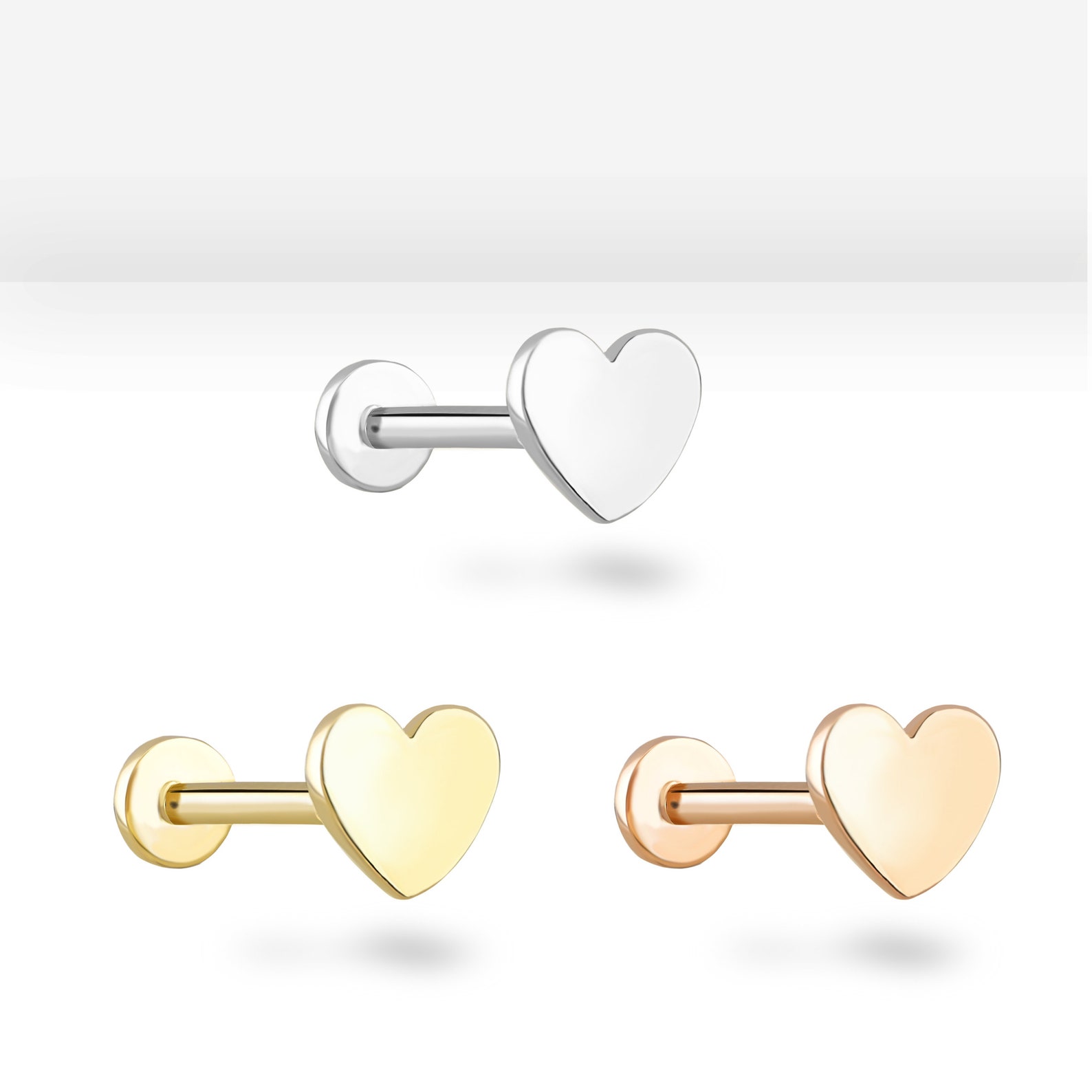 14K Solid Gold Heart Piercing, Minimalist Tragus Piercing, Gold Stud ...