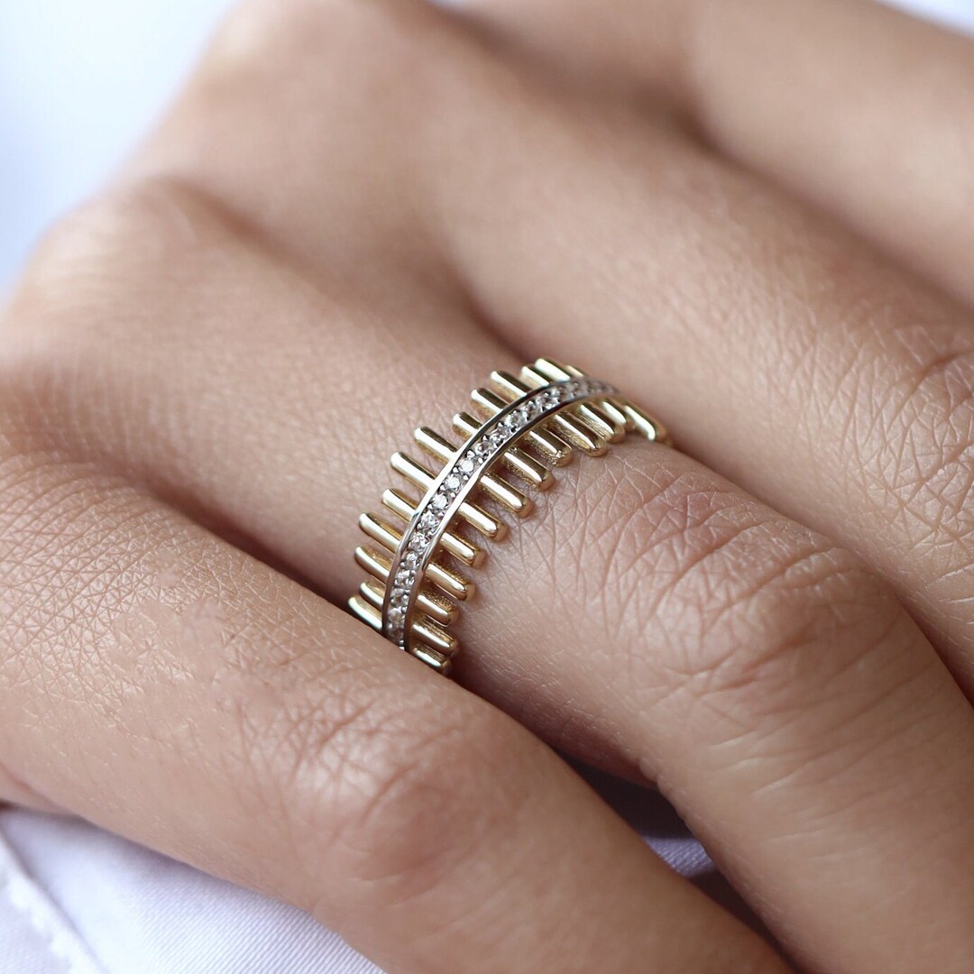 14K Solid Gold Geometric Ladder Ring - Real Gold Fringe Ring - Cluster ...