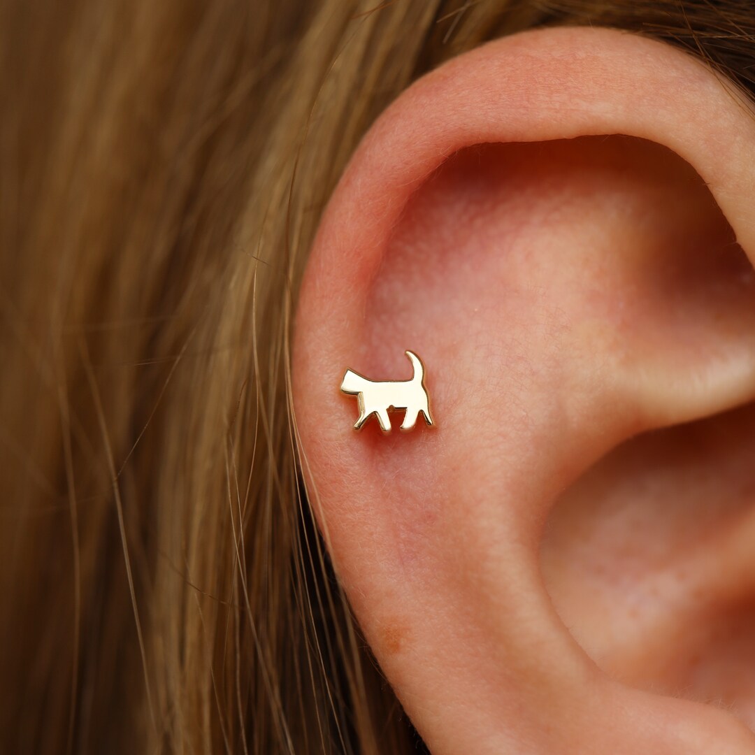 14K Solid Gold Cat Piercing - Real Gold Cat Earrings - Animal Cartilage ...