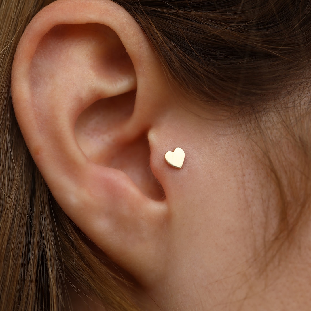14K Solid Gold Tiny Heart Shaped Tragus Piercing - Real Gold Tragus ...