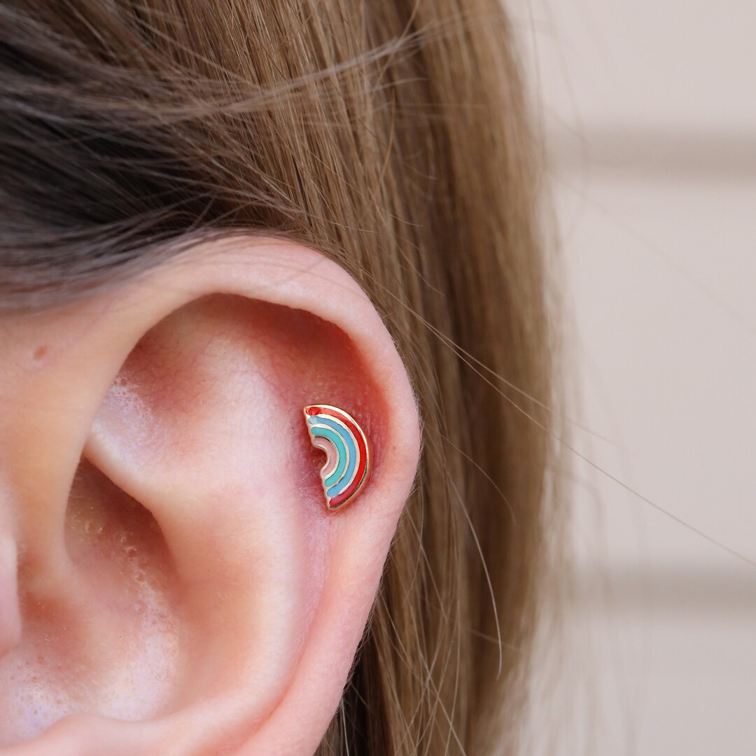 14K Solid Gold Rainbow Piercing - Real Gold Enamel Rainbow Earring ...