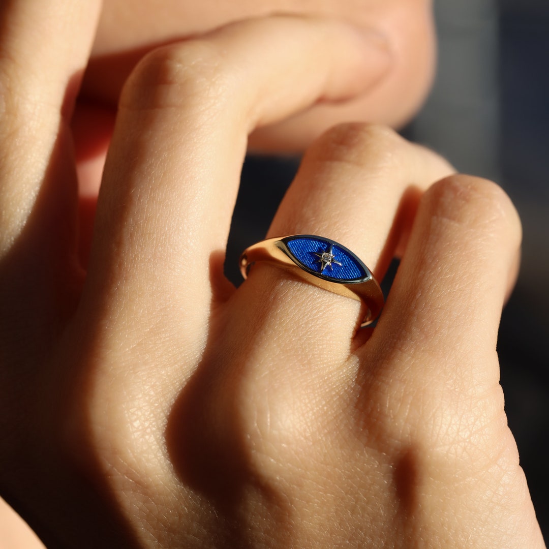 14K Solid Gold North Star Ring - Real Gold Blue Enamel Signet Ring ...