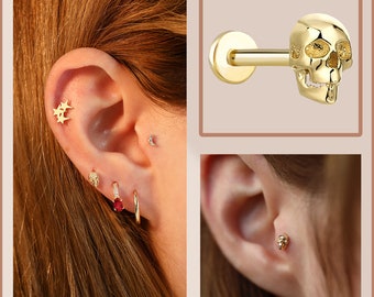 14K Solid Gold Heart Piercing, Minimalist Tragus Piercing, Gold Stud Piercing, Stud Ear Piercing ...