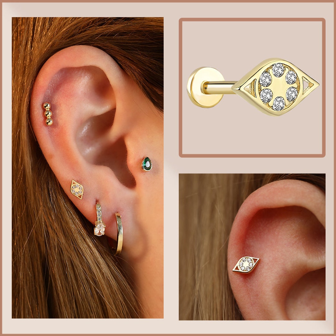 14K Solid Gold Evil Eye Piercing, Minimalist Tragus Piercing, Gold Stud ...