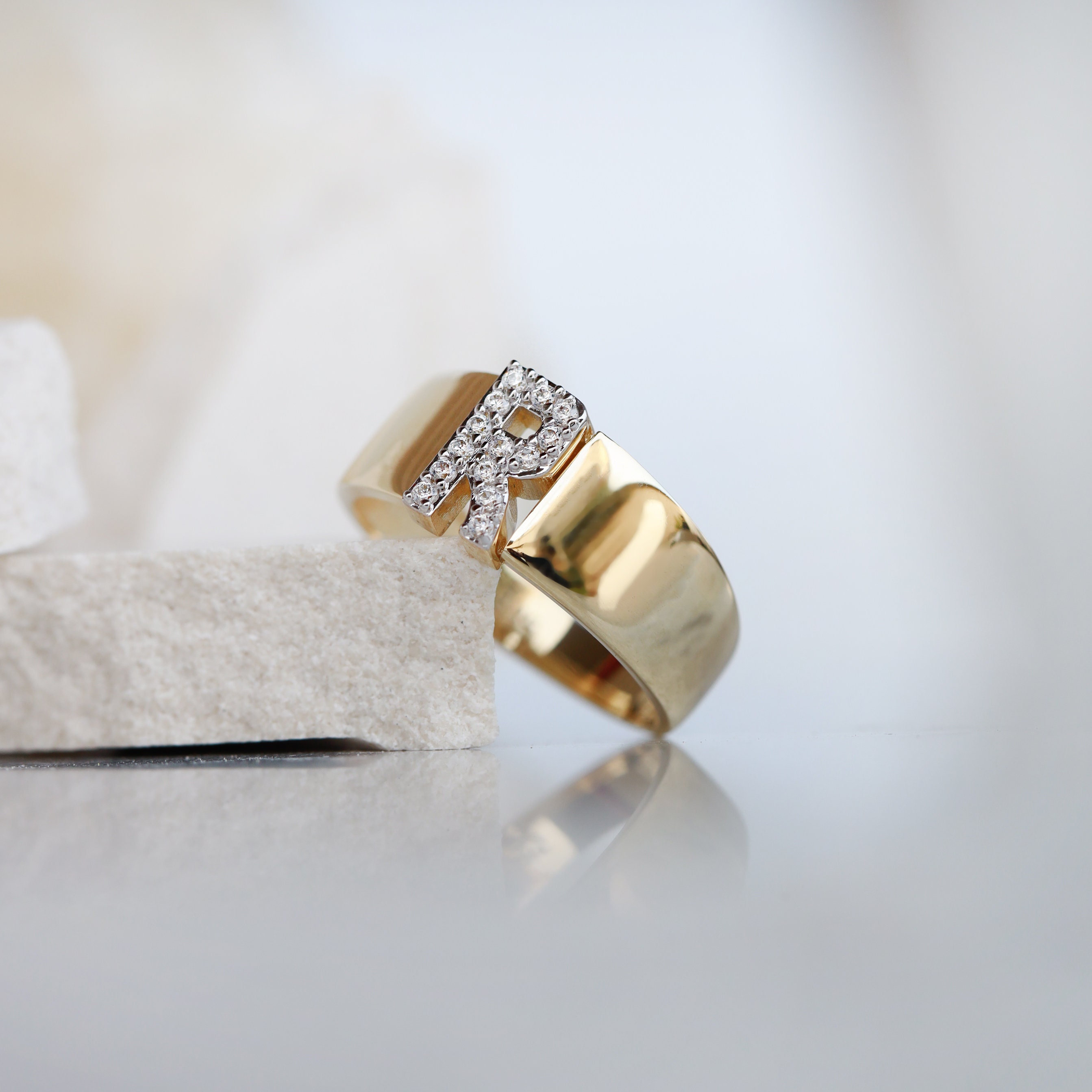 14K Gold Initial Ring, Solid Gold Letter Ring, Ring for Women ...