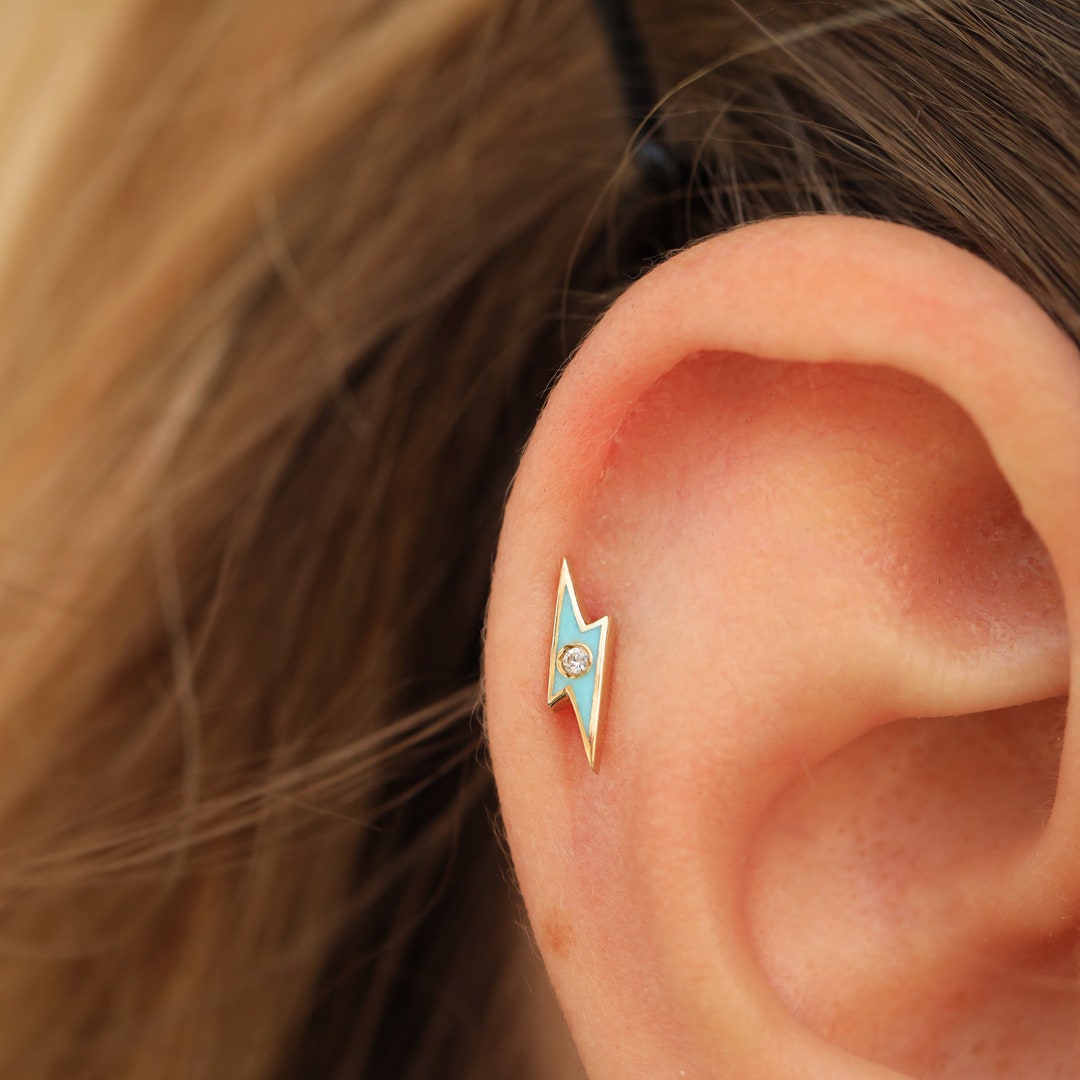 14K Gold Stud Piercing, Lightning Piercing, Dainty Tragus Piercing ...