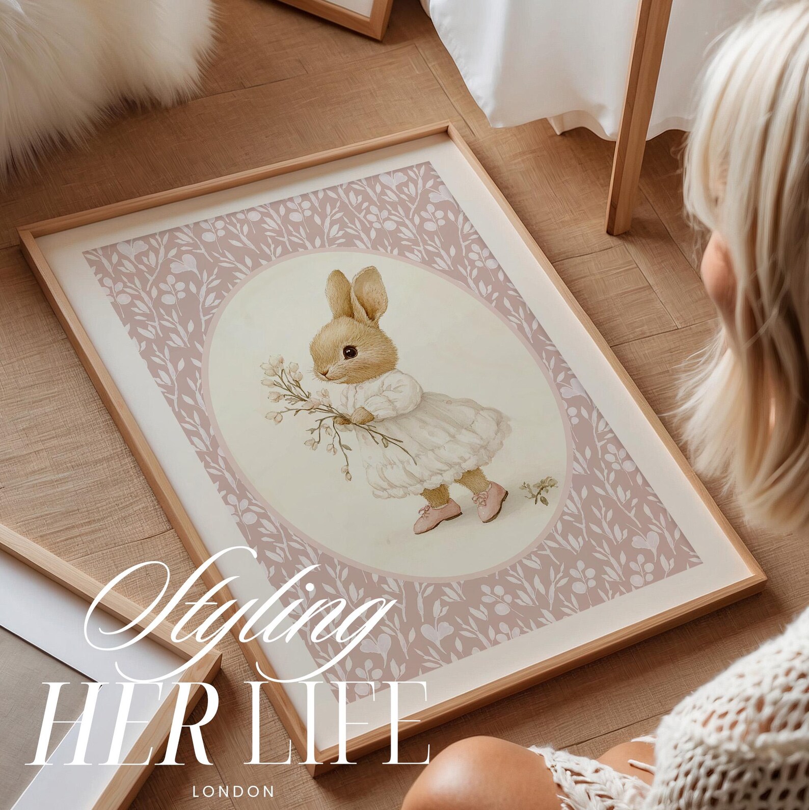 Vintage Rabbit Nursery Art Print: Cottagecore Baby Girl Decor (digital ...