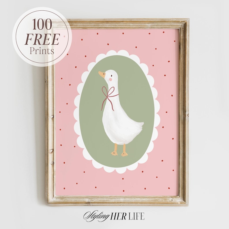 Vintage Goose Art Print, Cottagecore Print, Vintage Nursery, Pink ...