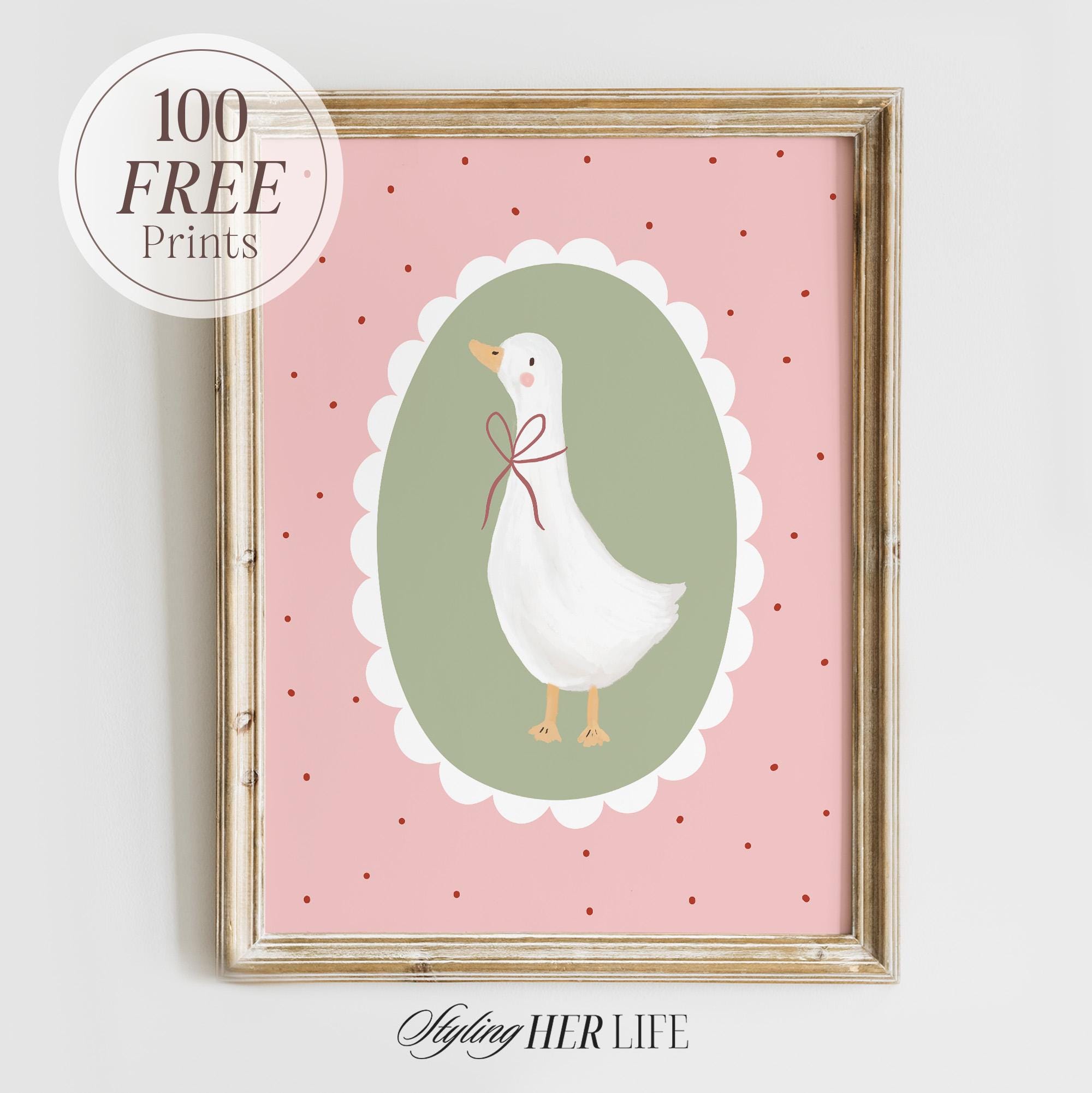 Vintage Goose Art Print, Cottagecore Print, Vintage Nursery, Pink ...