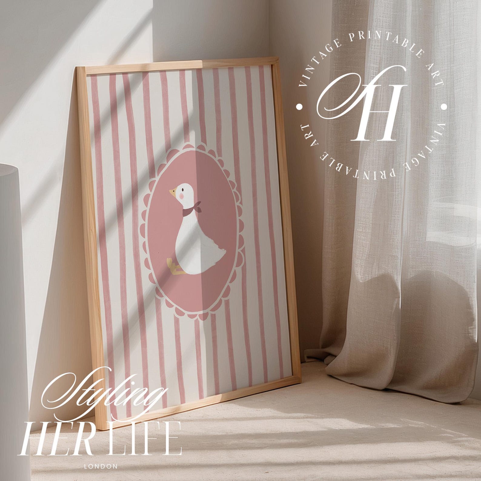 Vintage Goose Nursery Print: Pink Cottagecore Wall Art, Kids Room Decor ...